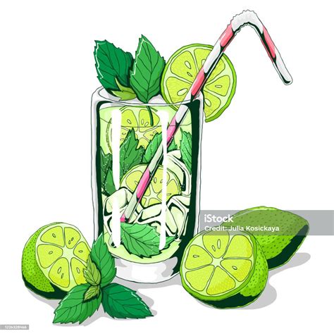 모 히 토 해변 칵테일의 벡터 손으로 그린 그림입니다 라임과 민트가 있는 칵테일 신선하고 짠 음료의 벡터 그림 알코올 칵테일 클래식 모히토 파티 축 하 컨셉 현대적인 스타일