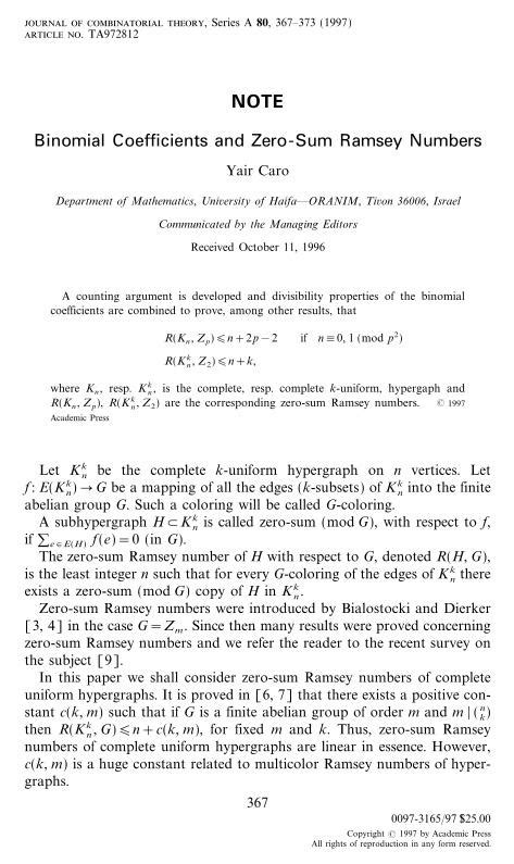 pdf binomial coefficients and zero sum ramsey numbers dokumen tips