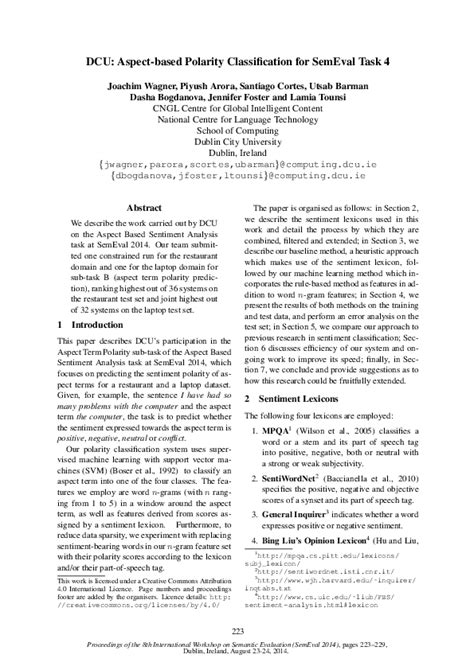 Pdf Dcu Aspect Based Polarity Classification For Semeval Task 4