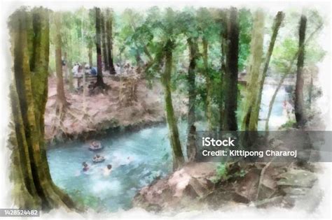 자연 숲의 개울에는 맑은 녹색 물이 있으며 사람들은 수채화 스타일의 일러스트 인상파 그림에서 수영합니다 0명에 대한 스톡 벡터 아트 및 기타 이미지 Istock