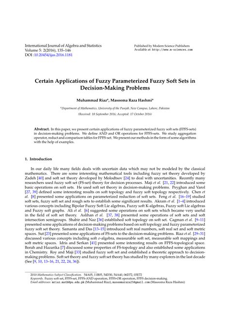 Pdf Certain Applications Of Fuzzy Parameterized Fuzzy Soft Sets In Decision Making Problems