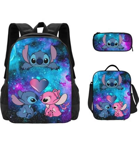 스티치와 천사 배낭 귀여운 학교 배낭 만화 백 팩 학교 책 가방 점심 가방 상자와 소년 소녀 선물을위한 연필 티몬