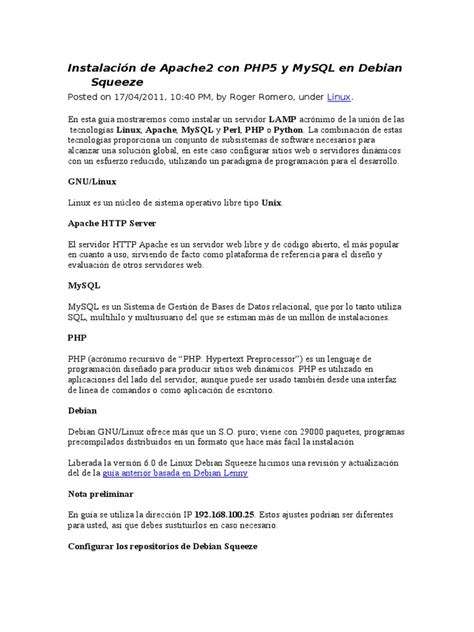 Instalacion De Apache2 Con Php5 Y Mysql En Debian Squeeze Pdf Php