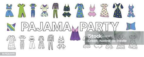 파자마 파티 초대장 벡터 템플릿 아이들을위한 잠자는 파티 재미있는 잠옷과 잠옷 세트 선형 낙서 스타일로 손으로 그린 요소의 벡터 일러스트레이션 수평 구성 0명에 대한 스톡