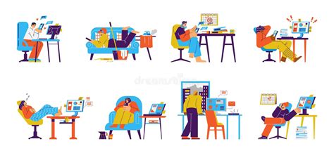 Set Of Procrastinating People In Different Situations Flat Style Vector Illustration Stock