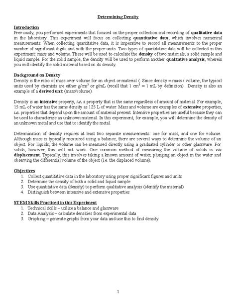 Determining Density Lab Handout Determining Density Introduction Previously You Performed
