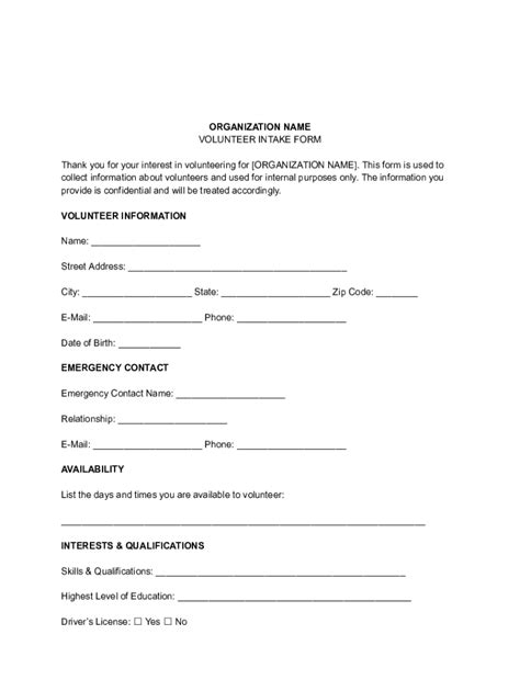 Fillable Online Volunteer Intake Form Template Fax Email Print Pdffiller