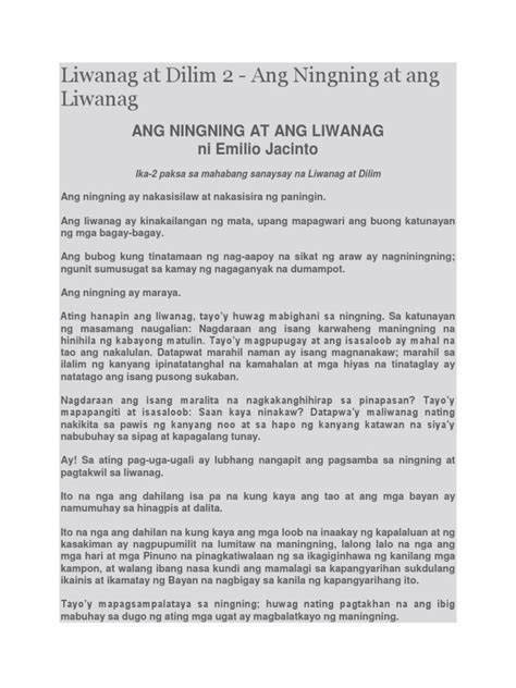 Ningning At Liwanag Ni Emilio Jacinto Buod
