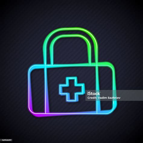 검은 색 배경에 격리 빛나는 네온 라인 응급 처치 키트 아이콘 십자가가 있는 의료 상자 응급 의료 장비 헬스케어 개념 벡터 0명에 대한 스톡 벡터 아트 및 기타 이미지