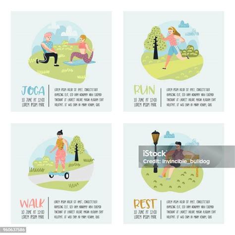여름 야외 스포츠 활동입니다 공원 포스터 세트 배너에에서 적극적인 사람 실행 요가 롤러 피트 니스 문자 밖에 서 운동 하 고입니다 벡터 일러스트 레이 션 개념에 대한 스톡