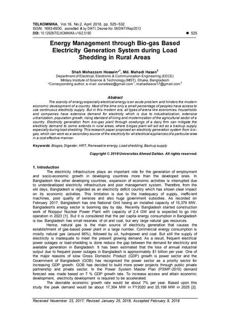 Energy Management Through Bio Gas Based Electricity Generation System During Load Shedding In