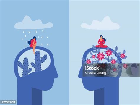 머리에 뇌와 같은 다른 꽃과 선인장을 가진 여성의 초상화 심리적 도움 정신 건강 관리 우울증 심리학 치료 개념벡터 일러스트레이터 꽃 식물에 대한 스톡 벡터 아트 및 기타