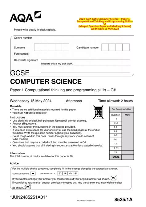 2024 aqa gcse computer science paper 1 computational thinking and