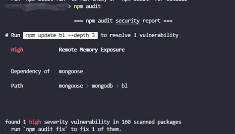 found 1 high severity vulnerability run `npm audit fix` to fix them or