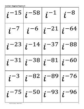 Complex Numbers Powers Of I Exponents Of Imaginary Numbers Sorting Activity