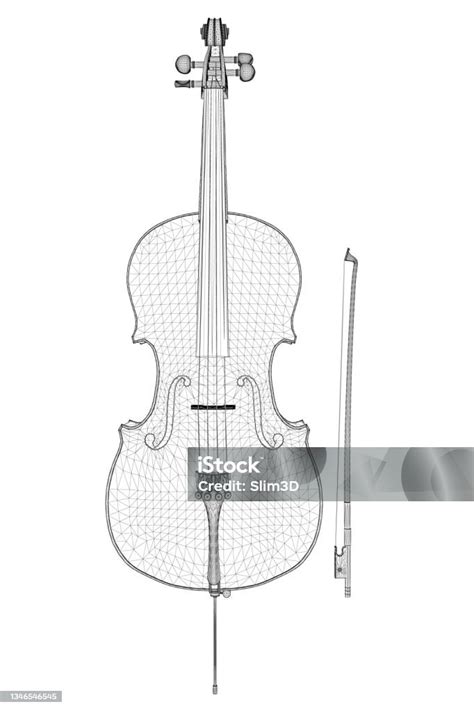 흰색 배경에 격리 된 검은 색 선에서 바이올린 와이어 프레임 전면 보기입니다 3d 벡터 일러스트레이션 3차원 형태에 대한 스톡