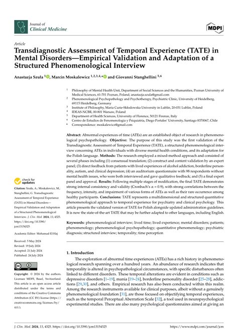 Pdf Transdiagnostic Assessment Of Temporal Experience Tate In Mental Disorders—empirical