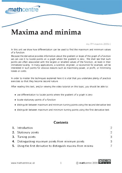 Differentiation Maxima And Minima Help Sheet Maxima And Minima Mc Ty Maxmin 2009 In This