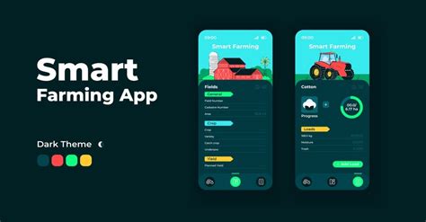 스마트 농업 앱 만화 스마트 폰 인터페이스 템플릿이 설정됩니다 모바일 앱 화면 페이지 야간 모드 응용 프로그램을위한 생산성 Ui를 자릅니다 삽화가있는 전화기 디스플레이