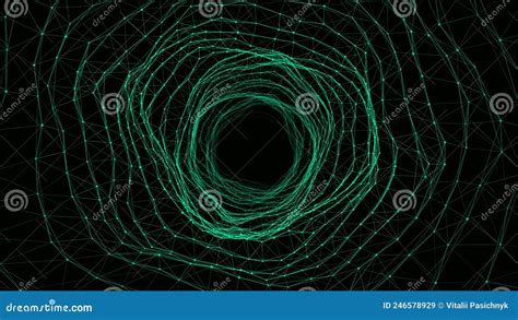 Abstract Dynamic Wireframe Tunnel On Green Background Deep Wave Wormhole Futuristic Particle