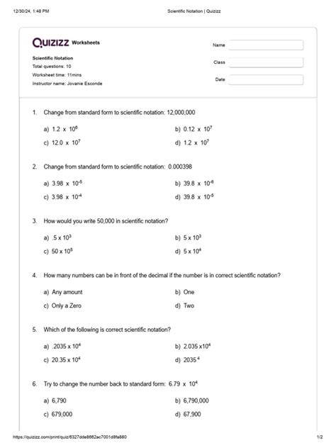 Scientific Notation Quizizz Pdf Encodings Lexicology