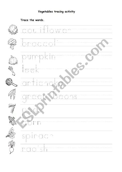 Vegetables Tracing Activity 2 Esl Worksheet By Nesmecik