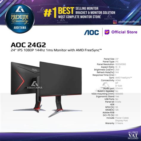 Jual Monitor LED Gaming AOC 24G2 24 IPS 1080P 144hz 1ms VGA HDMI DP Shopee Indonesia