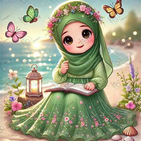 بک گراند کودکانه دختر ناز با حجاب کتاب در دست نشسته در ساحل کد 43725