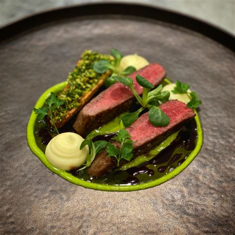 Home cook Fillet steak herb crust parsnip parsnip purée parsley emulsion and oil and a port