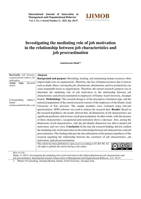 Pdf Investigating The Mediating Role Of Job Motivation In The Relationship Between Job