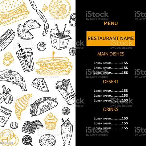 메뉴 패스트 푸드 카페 레스토랑 디자인 템플릿 배경에 정크 푸드 일러스트레이션이있는 손으로 그린 그래픽이있는 전단지 감자 요리에