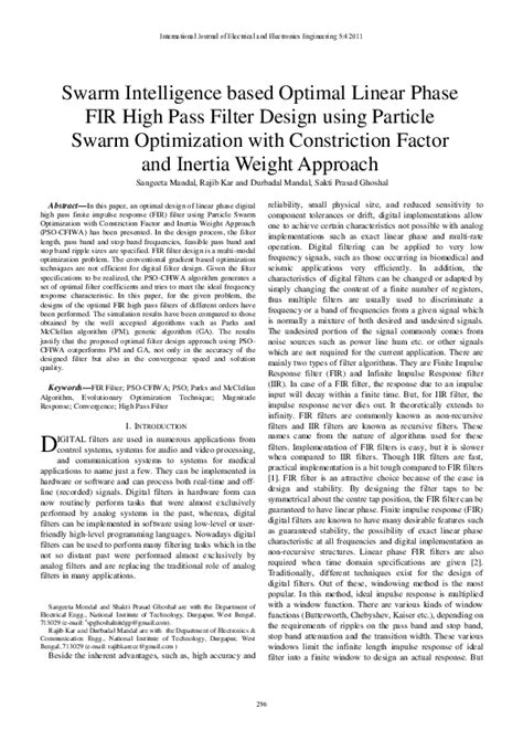 Pdf Swarm Intelligence Based Optimal Linear Fir High Pass Filter Design Using Particle Swarm