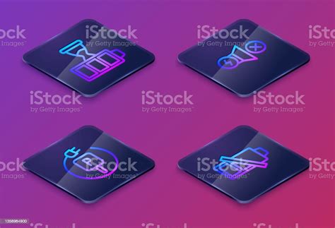 Isometric 라인 배터리 충전 충전 주차 전기 자동차 전기 모터 및 낮은 배터리를 설정합니다 파란색 정사각형 버튼 벡터 3