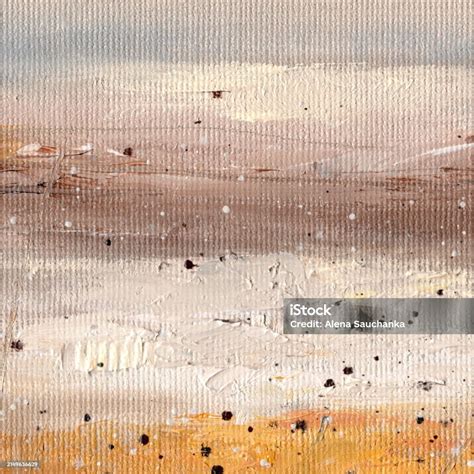 추상 해변 일몰 바다 모래톱 붓 스트로크 해안 현대 미술로 유화 손으로 그린 예술입니다 차분한 베이지 브라운 오렌지 텍스처