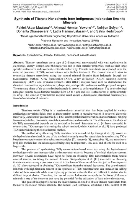 Synthesis Of Titanate Nanosheets From Indigenous Indonesian Ilmenite Minerals Scientificnet