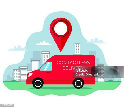 위치와 도시 배경의 상징과 상품의 배달의 차량 플랫 스타일 아이콘 비접촉식 음식 배달의 일러스트 가정 생활에 대한 스톡 벡터