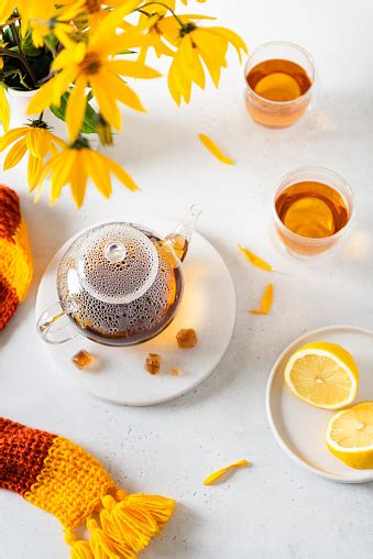 니트 스카프 뜨거운 찻주전자 차 두 잔과 노란 꽃다발로 아름 다운 가을 구성 차 주황색 노란색이 있는 가을 정물 가을 휘게 메뉴 인사말 카드 컨셉 가을에 대한 스톡 사진 및