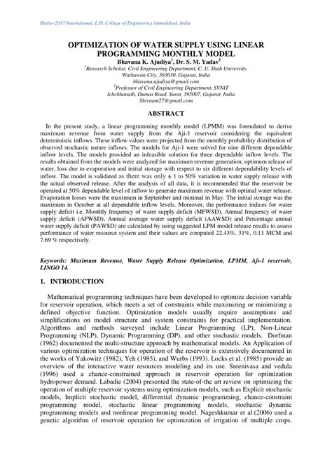 pdf optimization of water supply using linear programming monthly model