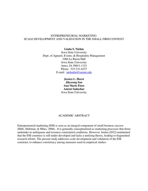 Pdf Entrepreneurial Marketing Scale Development And Validation In The Small Firm Context