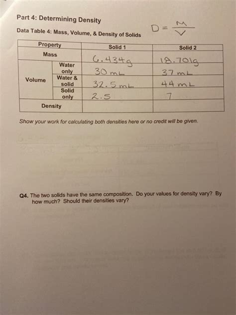 solved part 4 determining density data table 4 mass