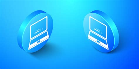 파란색 배경에서 격리된 로드 막대 아이콘을 사용 하 여 등색 된 랩톱 업데이트 프로세스 시스템 소프트웨어 업데이트 랩톱 화면에서 프로세스를 로드합니다 파란색 원 버튼입니다