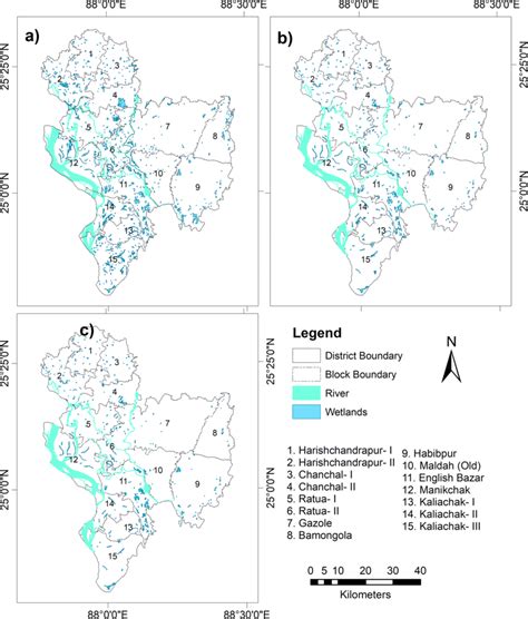 Spatialtemporal Map Of Wetlands In The Years A 2001 B 2011 And C