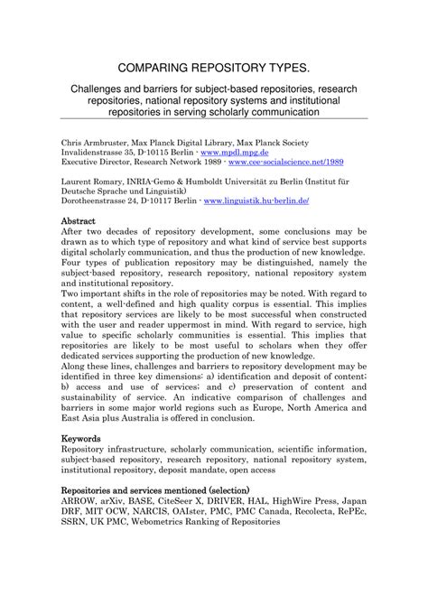 Pdf Comparing Repository Types Challenges And Barriers For Subject Based Repositories