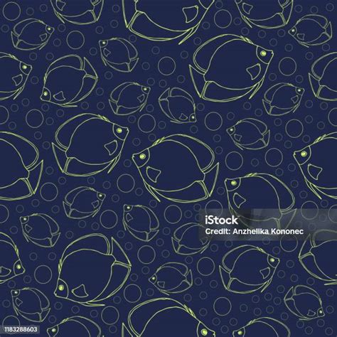 어두운 파란색 배경에 노란색 윤곽선 물고기 패턴 스케치 가능성에 대한 스톡 벡터 아트 및 기타 이미지 가능성 강 기포 Istock