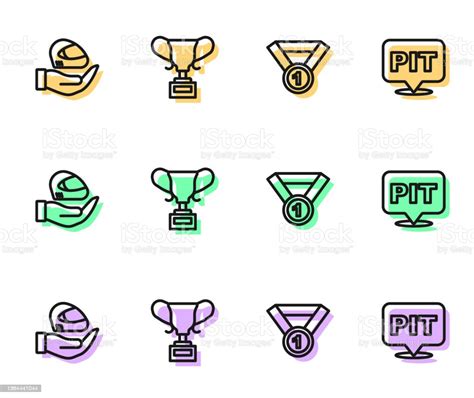 세트 라인 메달 레이싱 헬멧 어워드 컵 및 피트 스톱 아이콘 벡터 1에 대한 스톡 벡터 아트 및 기타 이미지 1 1위 3위 Istock