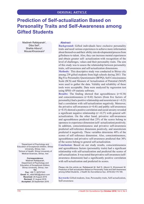 Pdf Prediction Of Self Actualization Based On Personality Traits And Self Awareness Among