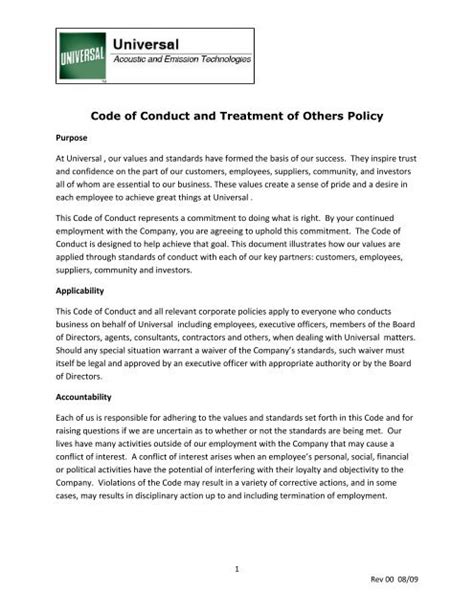 code of conduct and treatment of others policy