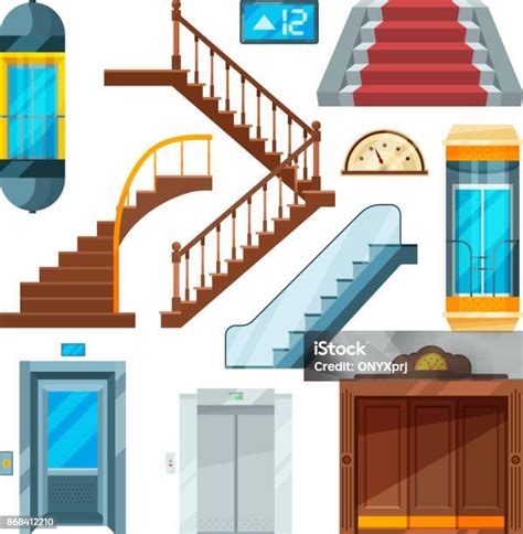 엘리베이터 그리고 다른 작풍에서 계단입니다 만화 스타일에서 리프트 메커니즘 엘리베이터에 대한 스톡 벡터 아트 및 기타 이미지 엘리베이터 계단 복고풍 Istock