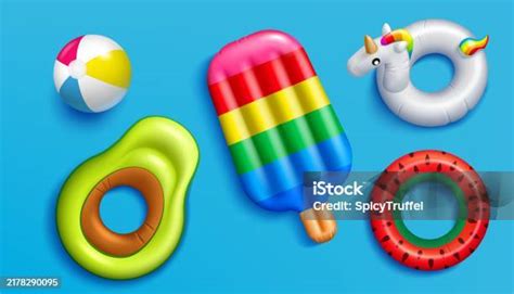 수영장 수레 3d 여름 해변 풍선 공 물 수영 튜브 및 과일 평면도 바다 반지와 도넛 부풀린 아이스크림 수박과 아보카도 모양 벡터 렌더 요소 세트 3차원 형태에 대한 스톡