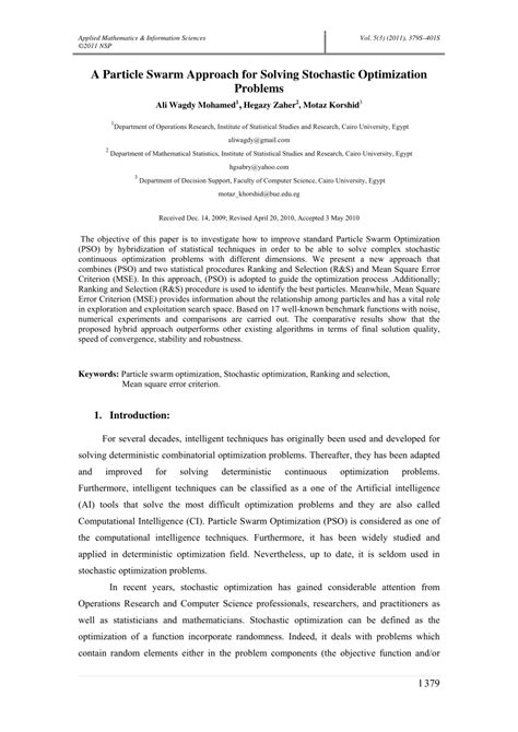 Pdf A Particle Swarm Approach For Solving Stochastic Optimization